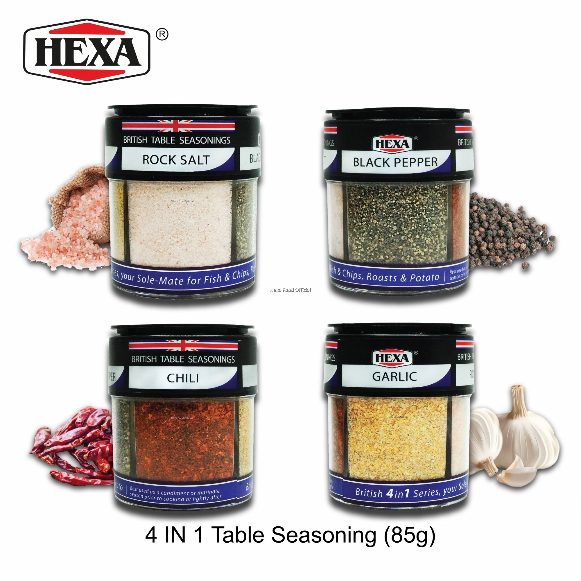 Hexa British Table Seasonings (4 in 1) 85g / Chilli / black pepper ...